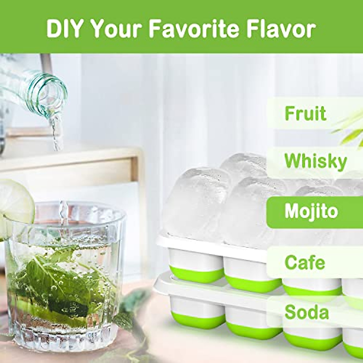 Ice Cube Tray, Silicone Ice Tray with Stackable and Spill-Resistant Lid, Easy Release Ice Cube Trays for Freezer, BPA Free Reusable Ice Trays for DIY Flavor (2 Pack)