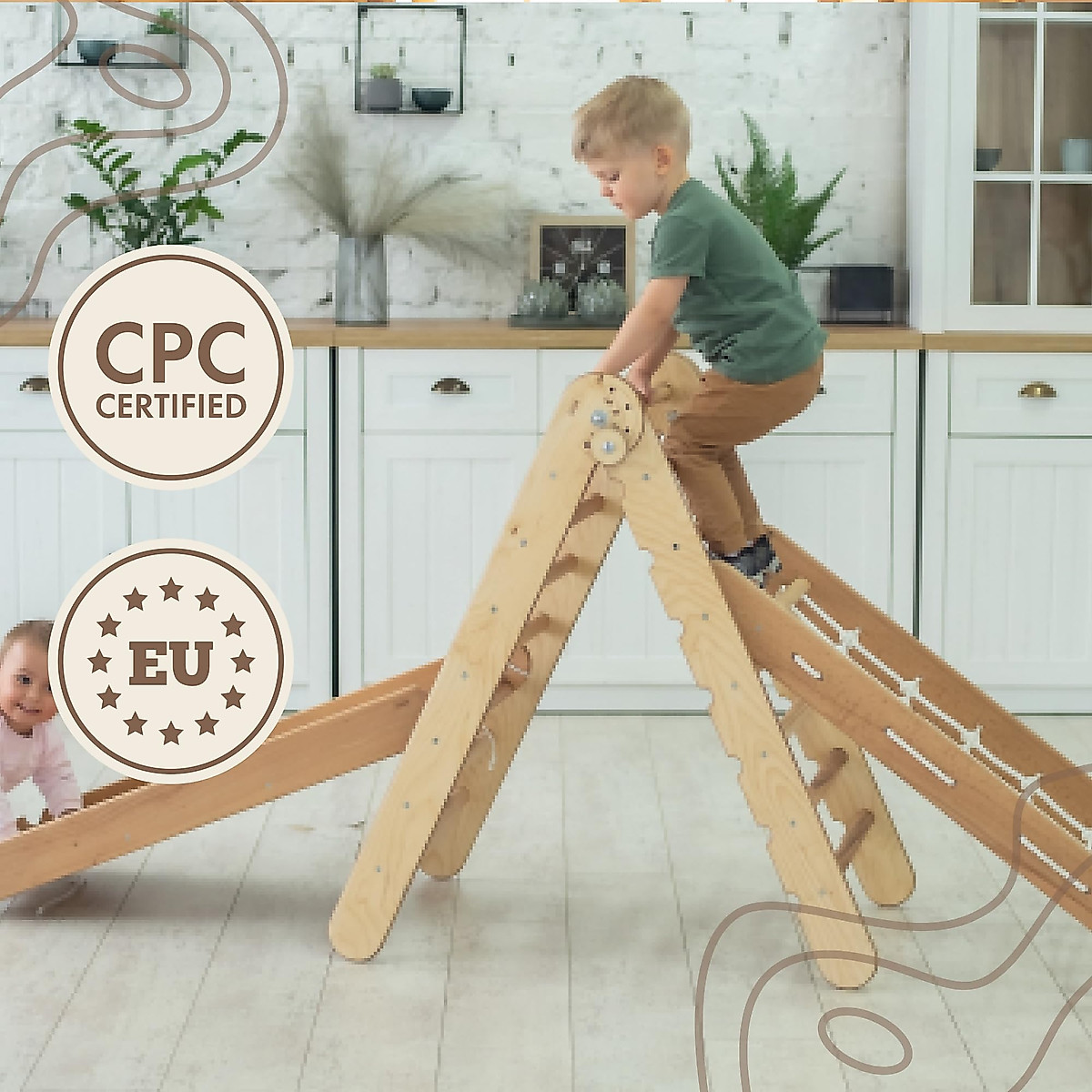 Set 3 in 1 Wooden Triangle Ladder + Climbing Net + Board Slide with Ramp, Montessori Play Gym for Toddlers - Kids Indoor Playground, Aged 6 Months to 7 Years