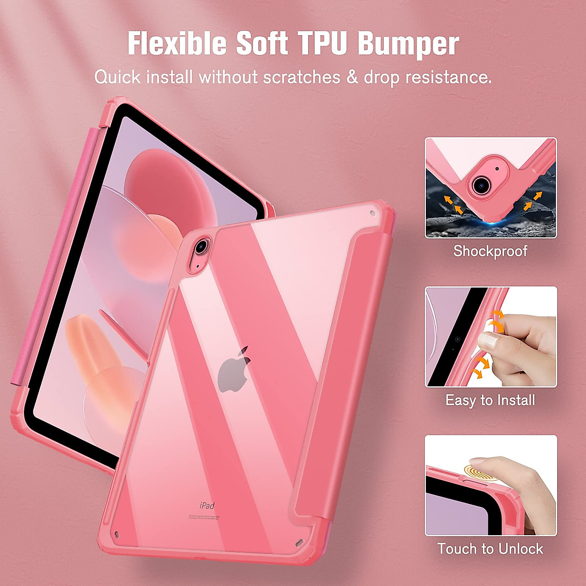 Fintie Hybrid Slim Case for iPad 10th Generation 10.9 Inch Tablet (2022 Model) - [Built-in Pencil Holder] Shockproof Cover with Clear Transparent Back Shell, Auto Wake/Sleep, Pink