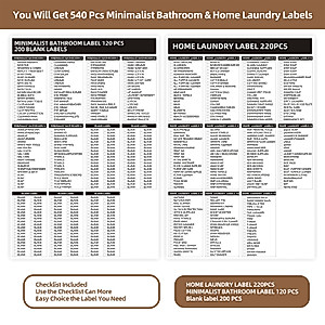 540 PCS Bathroom Home Laundry Labels for Organizing with DIY Blank Labels, Preprinted Minimalist Waterproof Oil Resistant Stickers for Bathroom Laundry Home Beauty Organization Supplies Labels