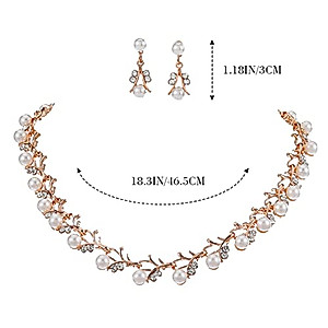 Unicra Pearl Bride Wedding Jewelry Set Crystal Bridal Necklace Bracelet Earrings Sets Rhinestone Choker Necklace Prom Costume Jewelry Set for Women and Brides (Gold)