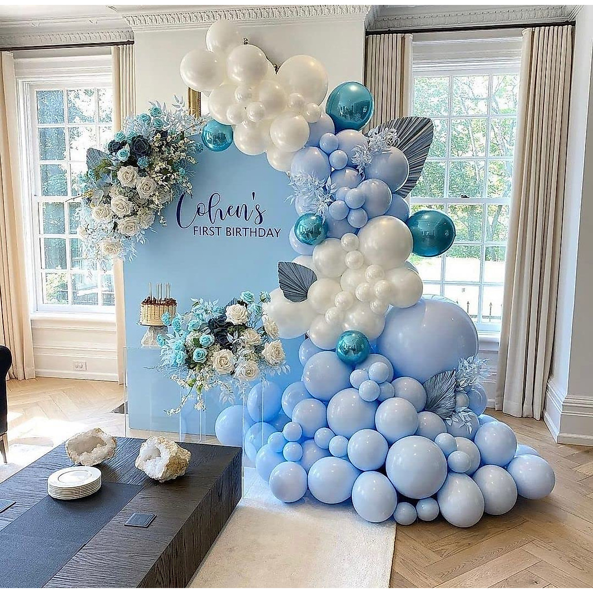 Blue and White Balloons Garland Kit 124 Pack Different Sizes inch Pastel Baby Blue Matte White Balloons and Light Blue Confetti Balloons for Baby Shower Wedding Birthday Party Arch Decorations