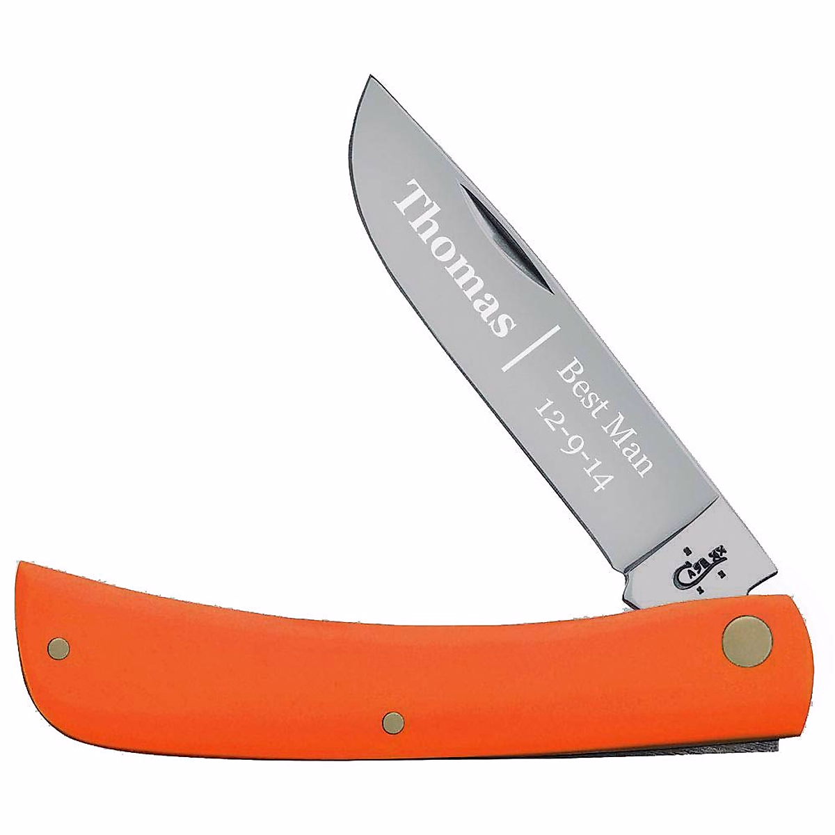 Personalized Case Orange Synthetic Smooth Sod Buster Jr. with Free Text Design Laser Engraving