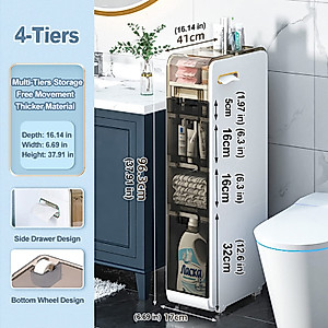 4-Tiers Bathroom Floor Storage Cabinet Narrow Slim Tall Movable Towel Organizer Side Freestanding Rolling Unit with Clear Drawers for Small Space Laundry Living Room Gap