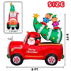 8 FT Christmas Inflatables Yard Decorations, Blow Up Santa on Red Truck with Christmas Tree and Elfs, Light Up Holiday Inflatables for Indoor Outdoor, Xmas Party, Lawn, New Year