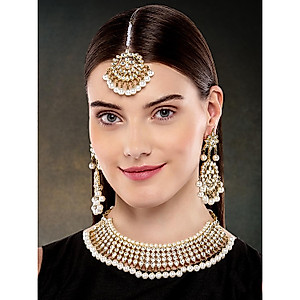 Aheli Ethnic Wedding Wear Faux Kundan Beaded Necklace (White) with Maang Tikka Set Indian Fashion Jewelry for Women