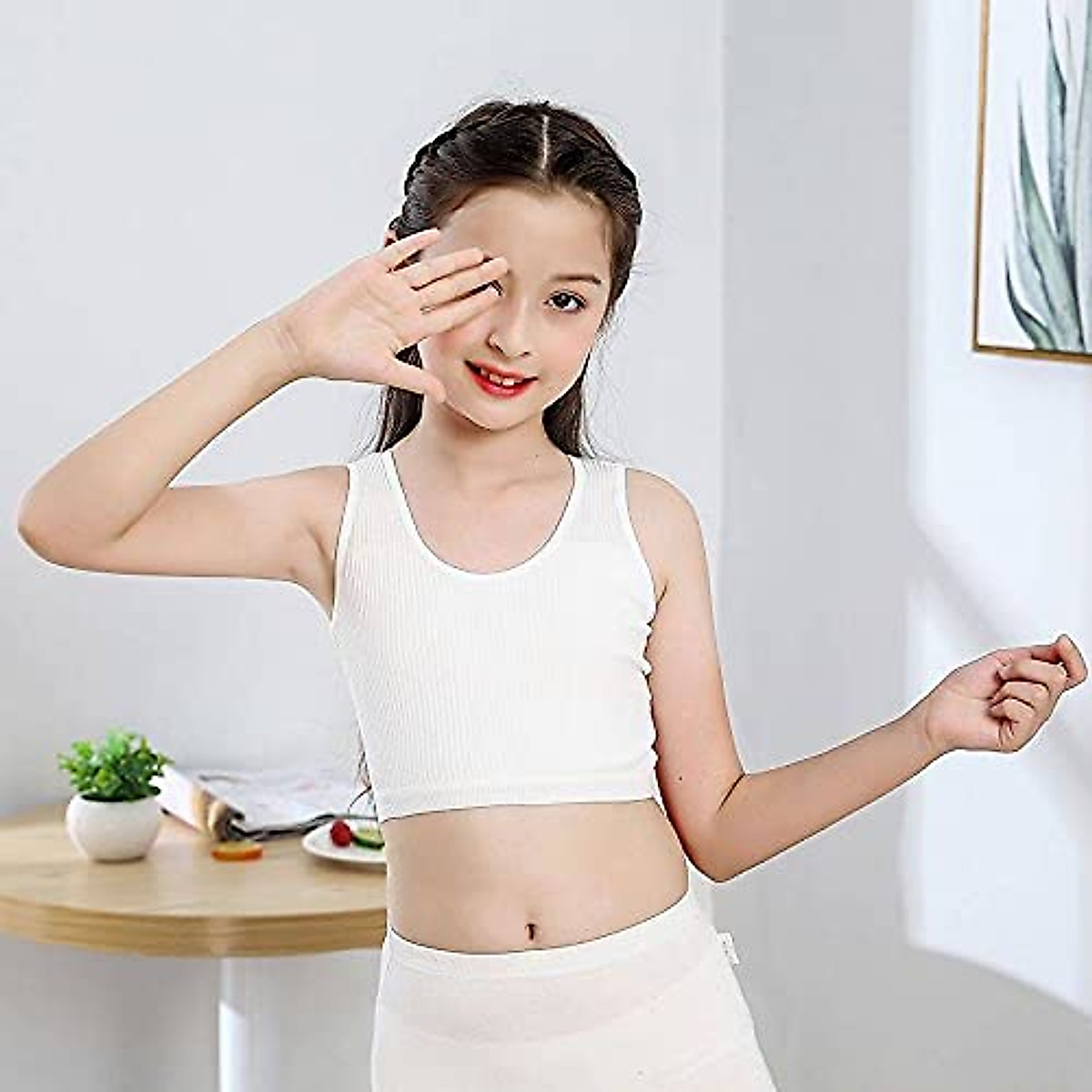 Herepai Training Bras for Girls Seamless Cami Bralettes Sports Striped Vest (7-9 Years, Colors of 6)