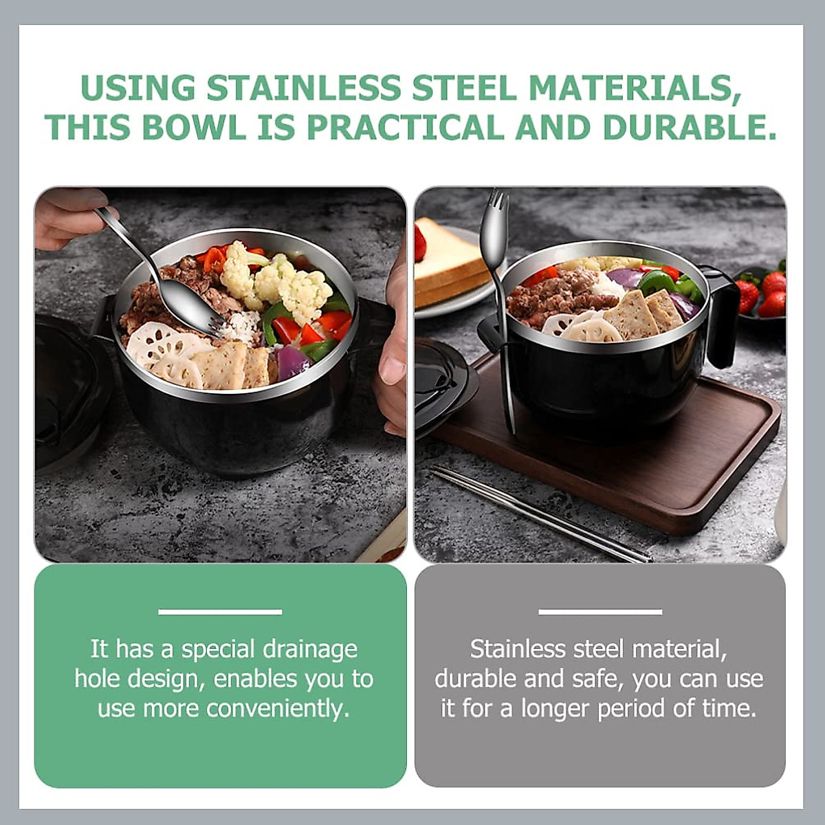 LIFKOME Ramen Bowl Set Japanese Ramen Noodle Bowls with Lid Spoon 304 Stainless Steel Noodle Bowl with Spoon Chopstick Large Capacity Insulation Bowls Anti- scalding Kids Adult Cup