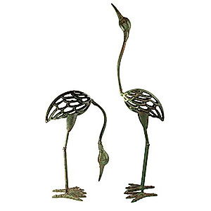 Seraphic Cast Iron Garden Decor Crane Bird Statues, Antique Green, Set of 2