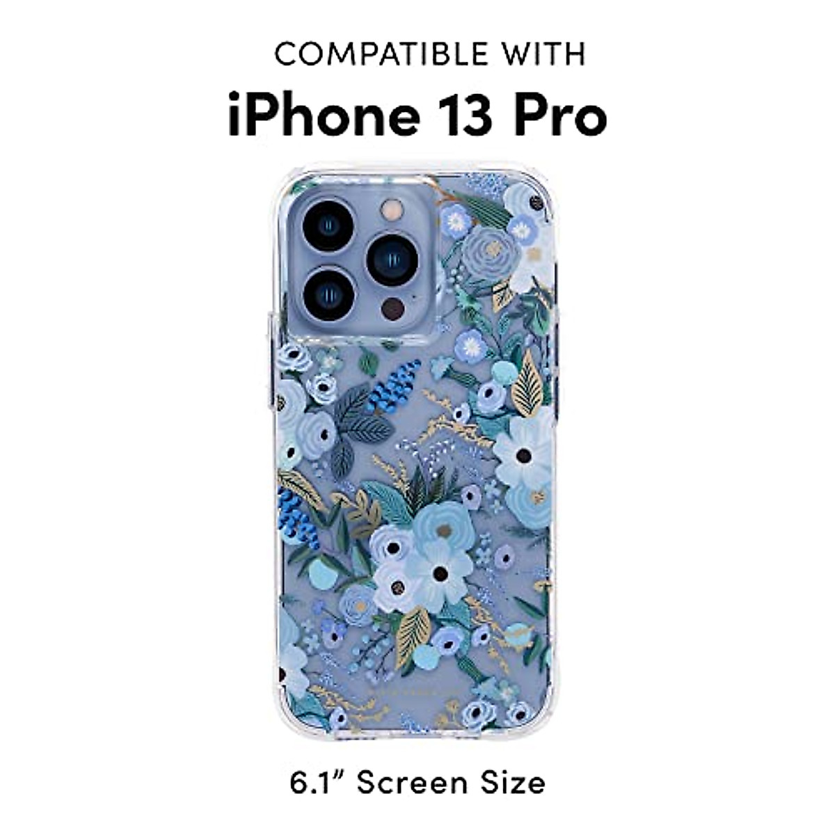 Rifle Paper Co. iPhone 13 Pro - 10ft Drop Protection with Wireless Charging, Scratch Resistant Protective 6.1" Case for iPhone 13 Pro, Shock Absorbing Material, Floral Print -Garden Party Blue