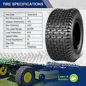 MaxAuto 16x6.50x8 Lawn Tractor Tires 16x6.50-8 Lawn Mower Tire 16x6.50 8 Garden Tractor Tire, 4Ply Tubeless, Set of 2