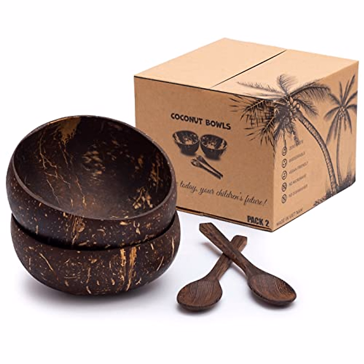 LABACRAFT Coconut Bowls and Wooden Spoon Set 2 Perfect for Smoothie Bowls 5.5 x 2.2 inches Vegan Coconut Made From Coconut Shells Polished With Coco Oil (Gift Set 2)