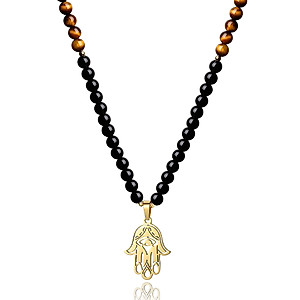 COAI Hamsa Hand Black Obsidian Tiger Eye Stone Beaded 108 Mala Necklace