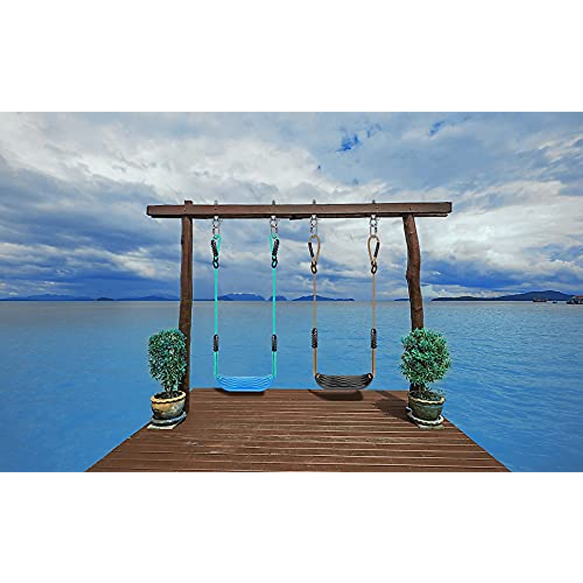 SELEWARE Plastic Swing Seat, Non Slip Tree Swing Set with Adjustable Rope and 2 Carabiners, Heavy Duty Playground Swing Set Accessories for Kid Indoor Outdoor Backyard, Black