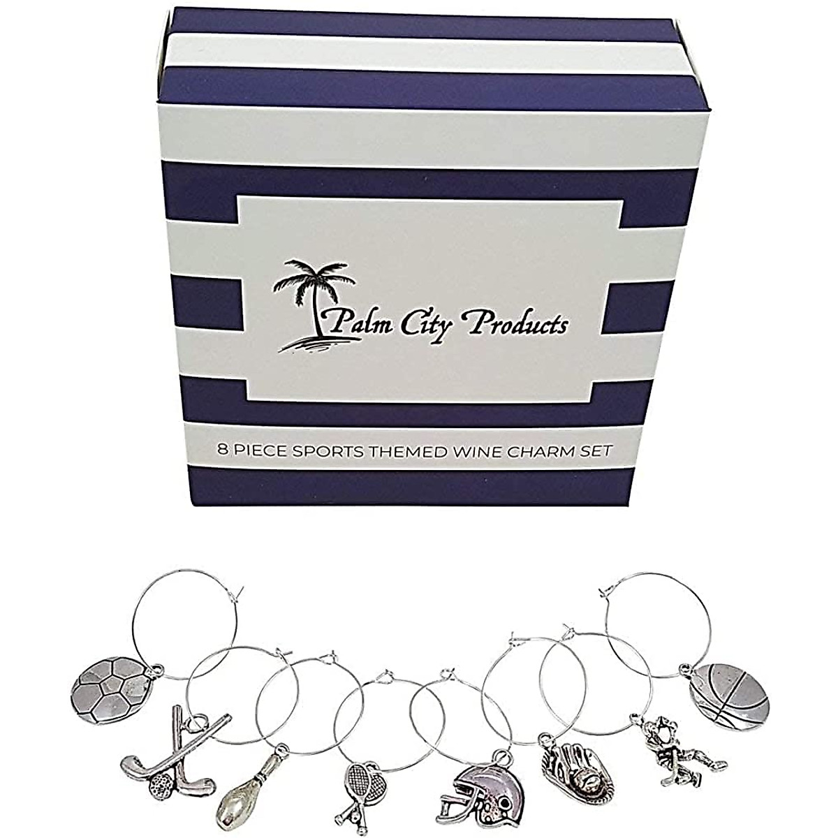 Palm City Products Sports Themed Wine Charms - 8 Piece Wine Charm Set - Great Gift for Sports Fans