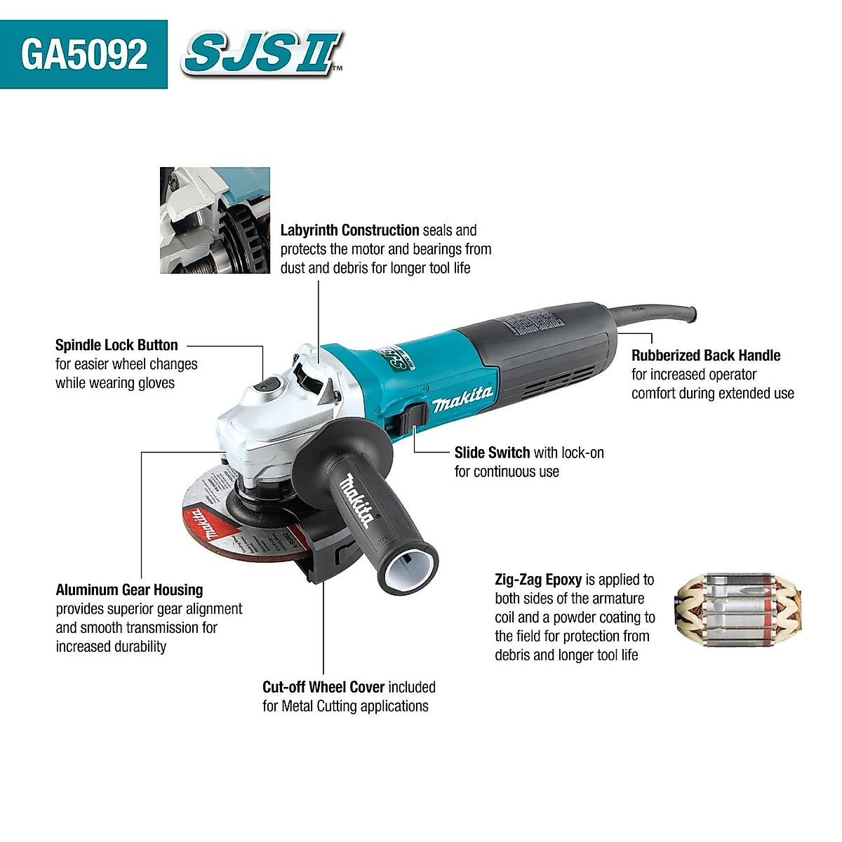 Makita GA5092 5" SJS™II High-Power Angle Grinder