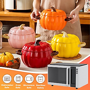 Dutch Oven Pot with Lid, 1.7 Quarts Cute Ceramic Pumpkin Bowl Mini Baking Dish, Dessert Saucepan with Double Handle, Covered Stockpot Pottery Casserole, Halloween Thanksgiving Decor (Orange)