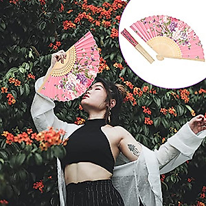 RAZZUM Hand Fan Foldable 2 Pcs Floral Folding Hand Fan Chinese Vintage Retro Silk Handheld Fans with Frames for Wedding Dancing Church Party Gifts Pink Japanese Fan Fan