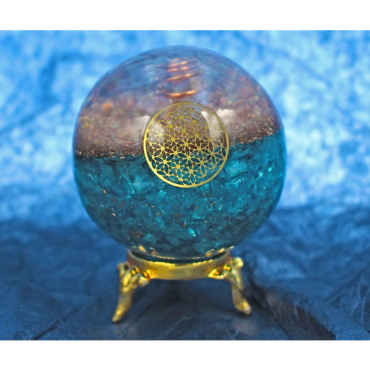 Orgonite Crystal Blue Aquamarine Crystal Ball with Stand for Positive Energy, E-emission Protection and Chakra Balancing –with Flower of Life Symbol to Promote Purpose, Serenity and Courage