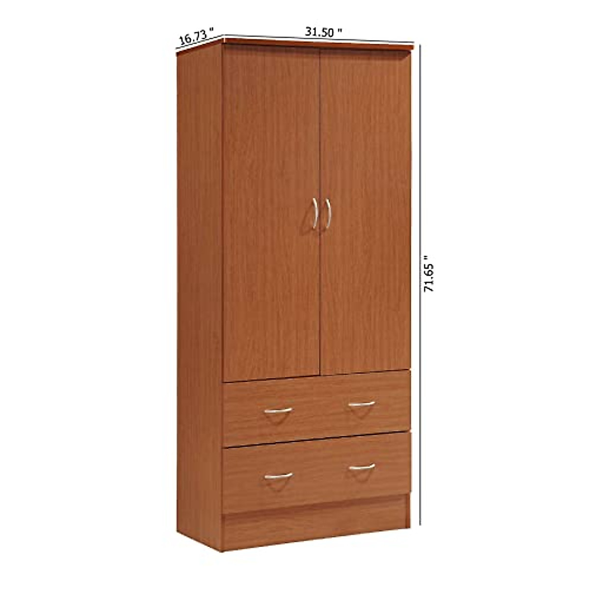 HODEDAH IMPORT- Two Door Wardrobe, with Two Drawers, and Hanging Rod, Cherry
