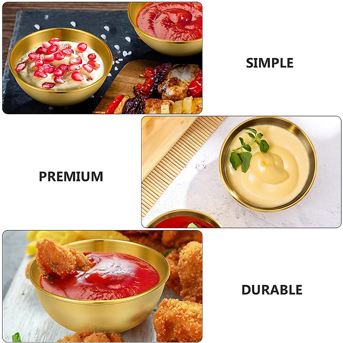 BESTonZON Sauce Dish 8pcs Golden Dipping Bowls, Stainless Steel Dip Soy Sauce Dishes & Bowl, Multipurpose Side Dish for Sauce, Condiments, Sushi, BBQ - Chip and Dip Serving Bowl Set