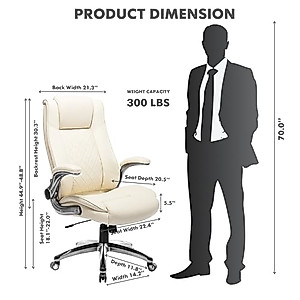 COLAMY Office Chair-Ergonomic Computer Desk Chair with Thick Seat for Comfort, High Back Executive Chair with Padded Flip-up Arms, Stylish Leather Chair with Upgraded Caster for Swivel (Ivory, 300lbs)