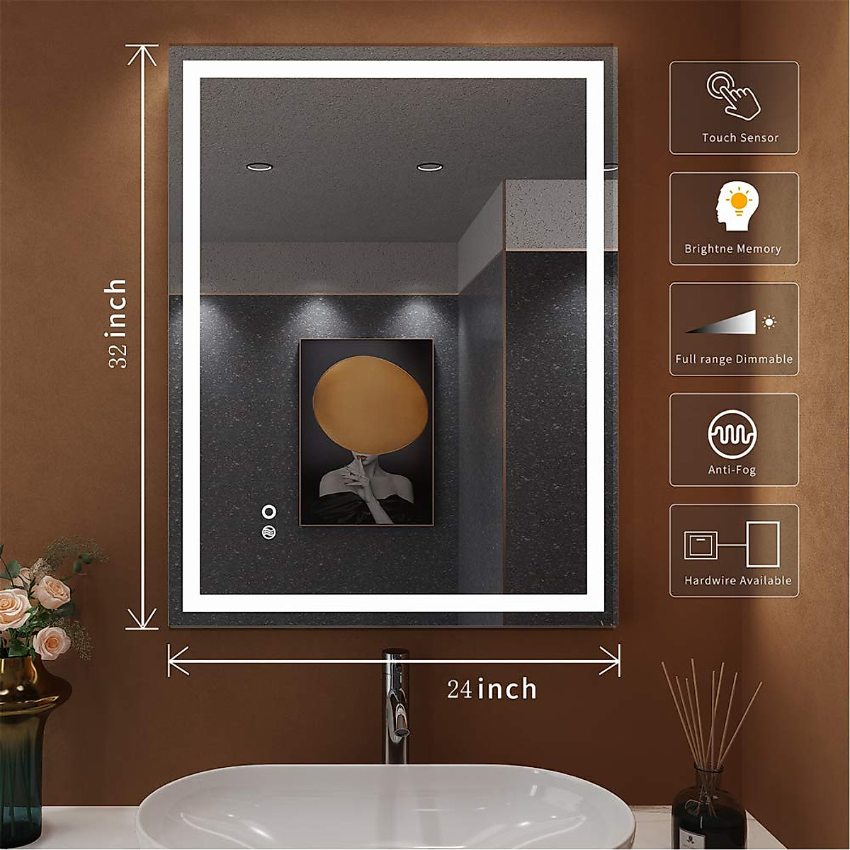 Summer Calling 24x32 Inch Led Bathroom Mirror with Light, Color Temperature 3000-6000K Adjustable, Dimmer with Memory, Defogger Wall Mounted Led Backlit Mirror, High Lumen, IP54 Waterproof