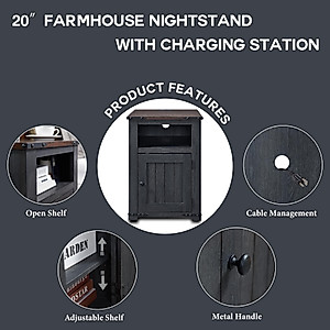 IFGET Farmhouse End Table with Charging Station, 20" Nightstand w/Groove Barn Door, Rustic Wood Bedside Table, Side Table with Storage w/Open & Adjustable Shelf for Bedroom, Living Room (Dark Grey)