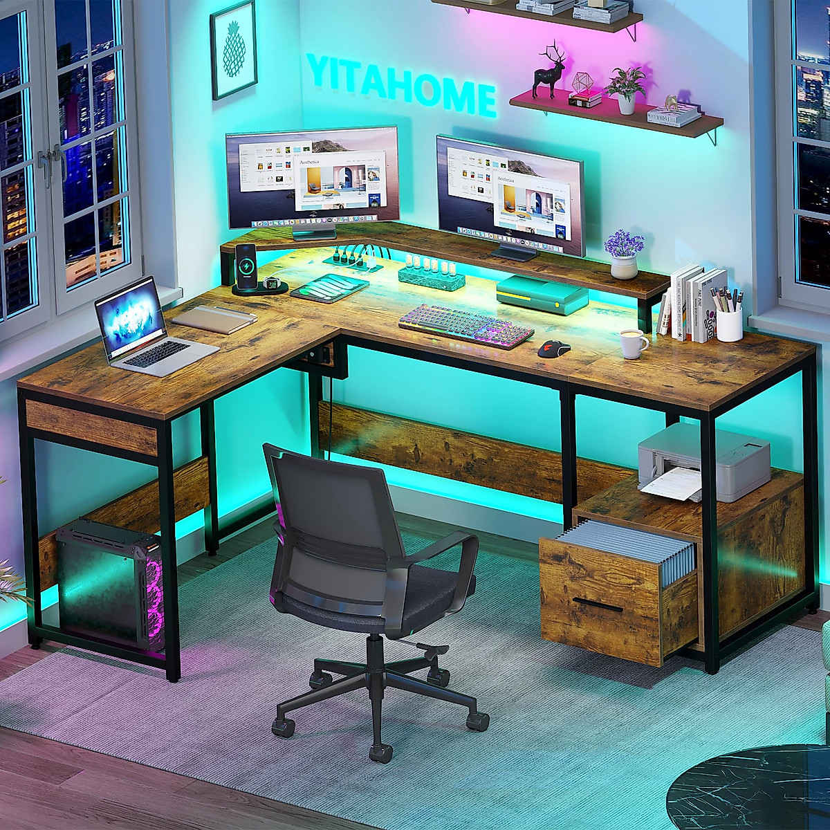 YITAHOME L Shaped Desk with Power Outlets & LED Lights, 65" Corner Computer Desk with File Drawer & Lift Top, Home Office Desk Height Adjustable Desk with Monitor Stand, Rustic Brown