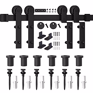 WINSOON 8FT Single Track Bypass Sliding Barn Door Hardware Kit for Double Doors with 2PCS 12 Inch Sliding Barn Door Handles Black Hardware