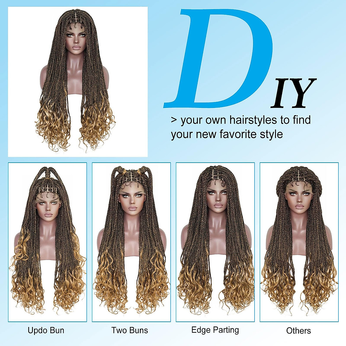 Ebingoo 34In Braided Lace Front Wig for Black Women +Wig Cap Double Lace Front Wig African American Knotless Box Braided Wig Lace Frontal Synthetic Lace Front Wigs for Black Women Dairly Wear