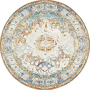 Unique Loom Rosso Collection Traditional, Vintage, Medallion, Border, Distressed, Southwestern Area Rug, 8 ft x 8 ft, Ivory/Blue