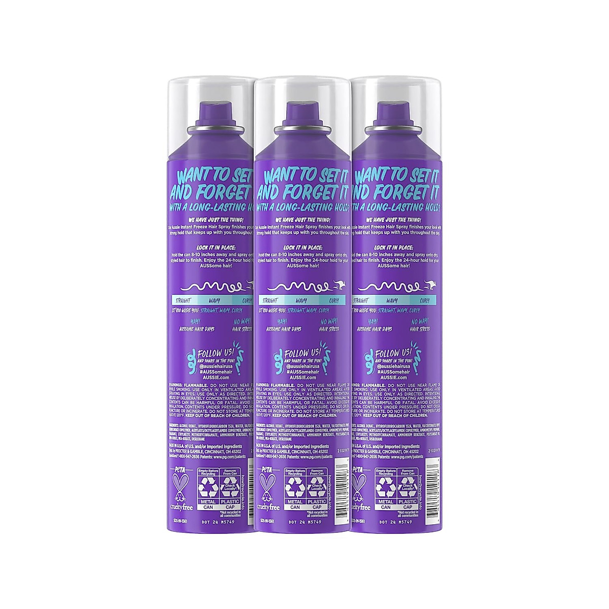 Aussie Instant Freeze Hair Spray for Extreme Hold, Infused with Jojoba Oil & Sea Kelp, Long-Lasting All-Day Hold, Fresh Citrus Scent, Safe for All Hair Types, 10 Fl Oz, 3 Pack