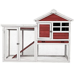 BIRASIL Wood Rabbit Hutch, Guinea Pig Cage with Pull Out Tray, 2 Levels Bunny House for Small Animals Outdoor Indoor (Red, 48 Inch)