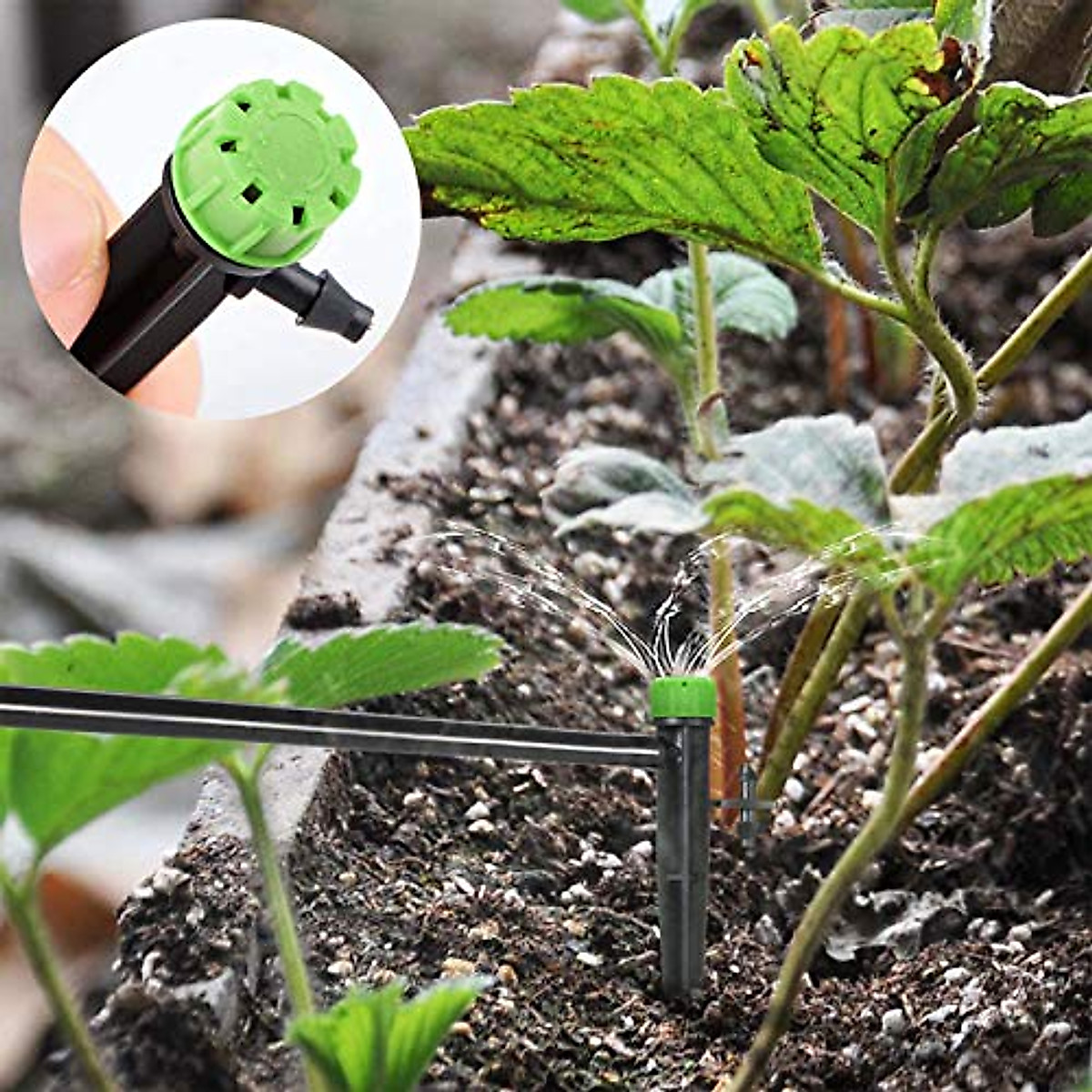 Kalolary 100PCS Green Irrigation Drippers Drip Emitters, Micro Spray Adjustable 360 Degree Full Circle Pattern Water Flow Sprinkler Fits 1/4 (4-6mm) Irrigation Tubing for Garden Irrigation