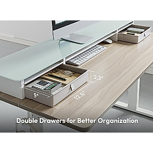 FEZIBO Electric Standing Desk with Glass Top Monitor Stand,55 x 26 Inch Adjustable Sit Stand Up Table with Double Drawer, Sit Stand Desk with Storage Shelf, White Frame/Light Walnut Top