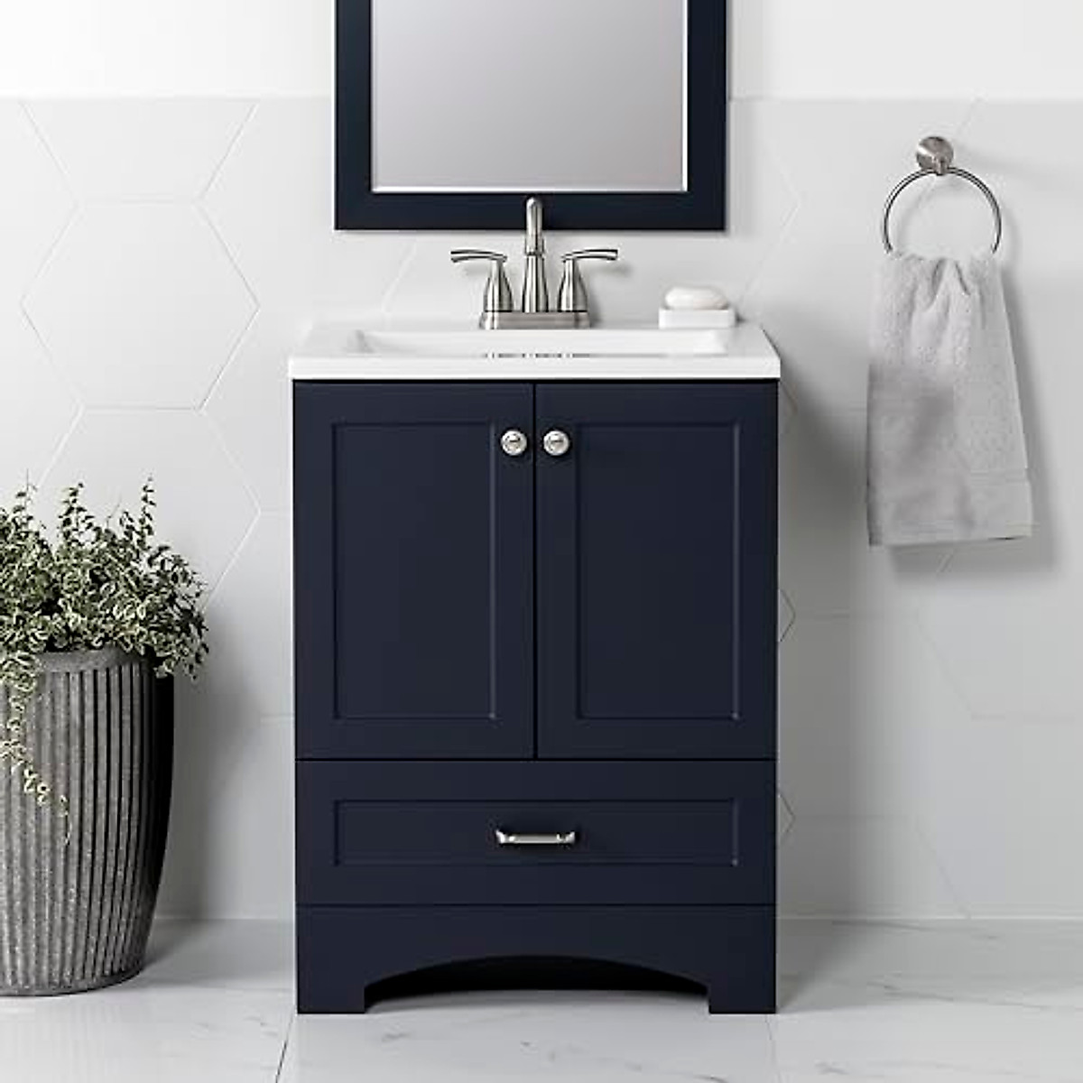 Spring Mill Cabinets Emlyn 24 Inch Bathroom Vanity with White Single Sink Top, 2-Door Cabinet, 1 Drawer, 24.5" W x 18.75" D x 32.89" H, Deep Blue