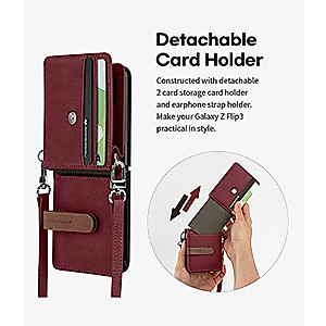 GOOSPERY Wallet Case Compatible with Galaxy Z Flip 3, Detachable Card Holder 2 Card Pocket Storage Premium PU Leather Adjustable Cross-Body Strap Attached Earbud Cord Organizer (Burgundy)