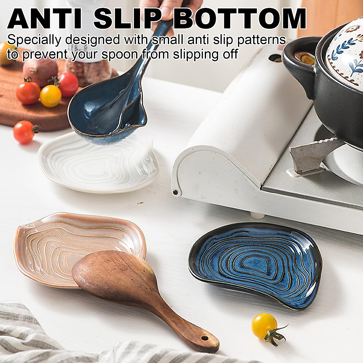 3 Pack Spoon Rest for Stove Top, 5.7” Ceramic Spoon Holder for Stove, Heat-Resistant Spoon Rest for Kitchen Counter Spoons Spatulas Ladles (Blue Khaki White)