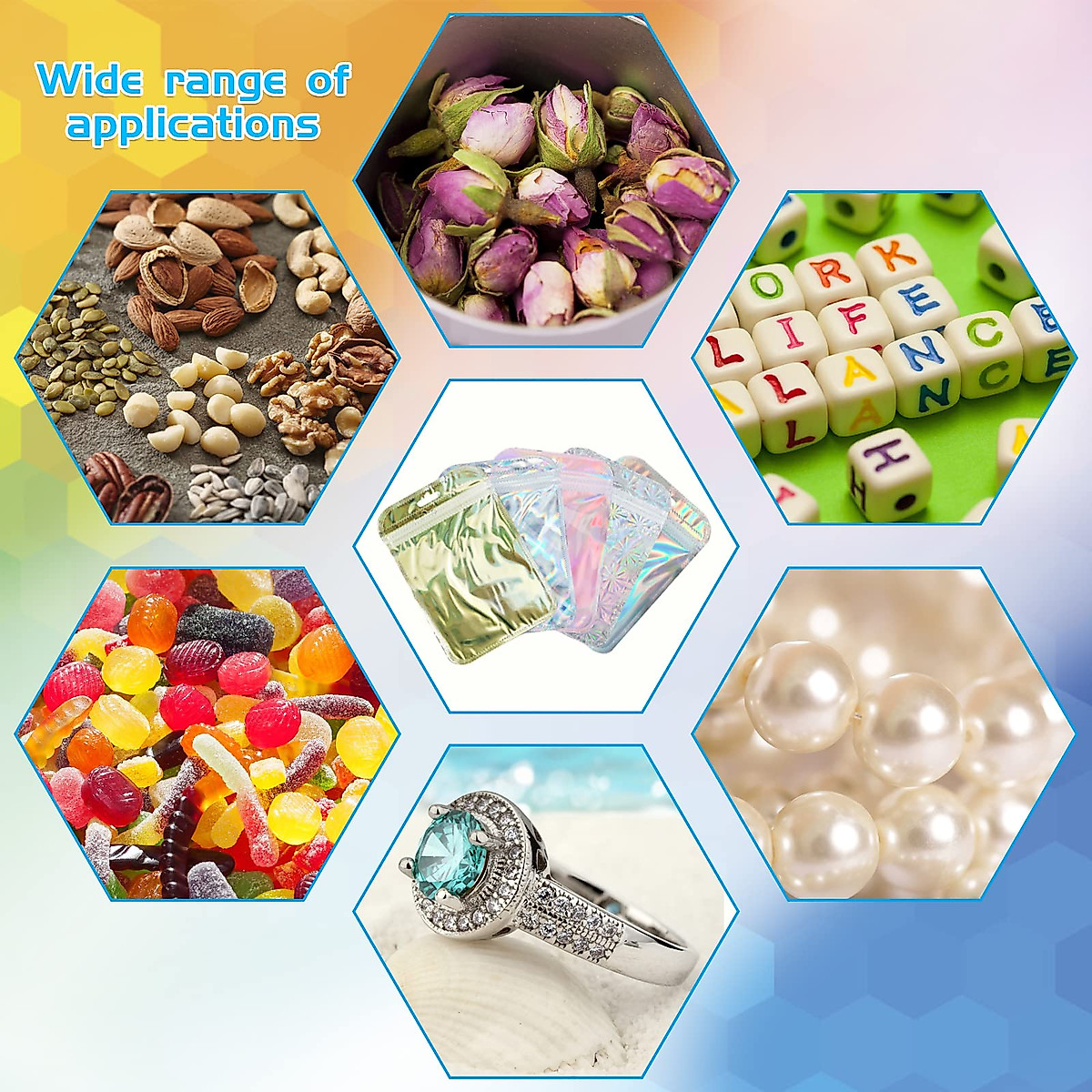 itechpanda 100 PCS Resealable Holographic Zip Lock Mylar Bags, 4 x 5.8 Inch PVC Plastic Self-seal Zipper Waterproof Bags for Jewelry, Samples, Candy, Small Parts & Party Favor Food Storage