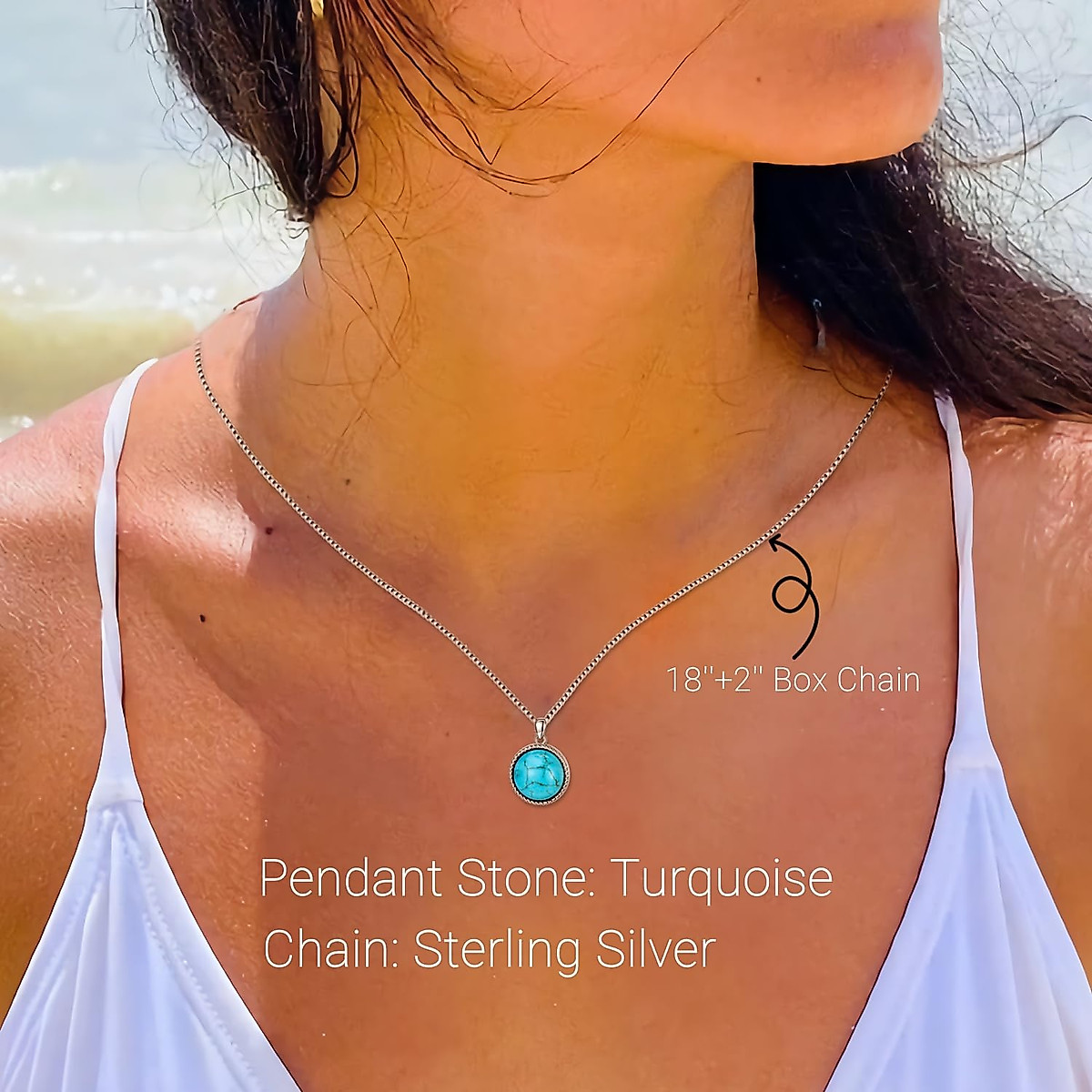 DOLIOX 925 Sterling Silver Turquoise Pendant Necklace, Genuine Round December Birthstone Necklace Vintage Jewelry Gift for Women