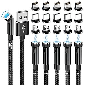 Magnetic Charging Cable, 540° Rotating Magnetic Phone Charger [6-Pack, 3ft/3ft/3ft/6ft/6ft/10ft] 3 in 1 Magnetic Charger Cable Nylon Braided Magnetic USB Cable for iPhone/Micro USB/Type C Device