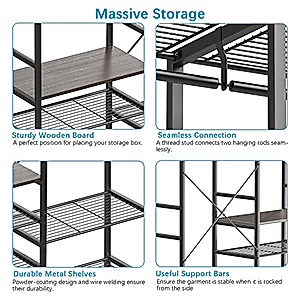 Timate P7 Garment Rack 6 Tier Clothes Rack Freestanding Wire Shelving Heavy Duty Wardrobe Closet Organizer Storage Black Metal Shelves with Dark Walnut Wooden Board, 2 Hanging Rods, Max Load 485lbs
