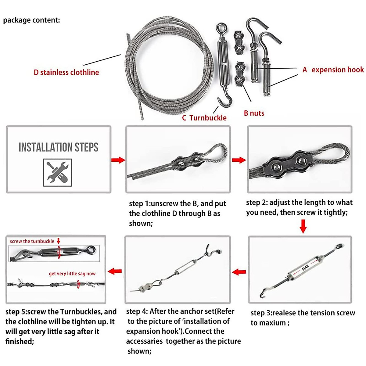 17.4FT Stainless Steel Clothes Lines for Hanging Clothes Outside - DEWEL Clothesline Heavy Duty for Wire Curtain Hanging - Windproof Anti-sag Multipurpose Outdoor Clothesline