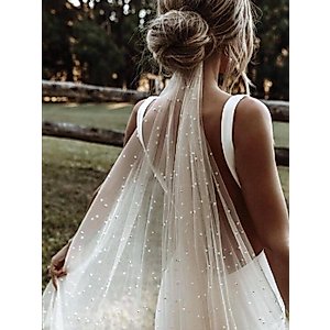 Unsutuo Pearl Bride Wedding Veil 1 Tier Cathedral Veil Fingertip Bridal Tulle Veil with Headpiece for Women and Girls (L:118",W:59", White)