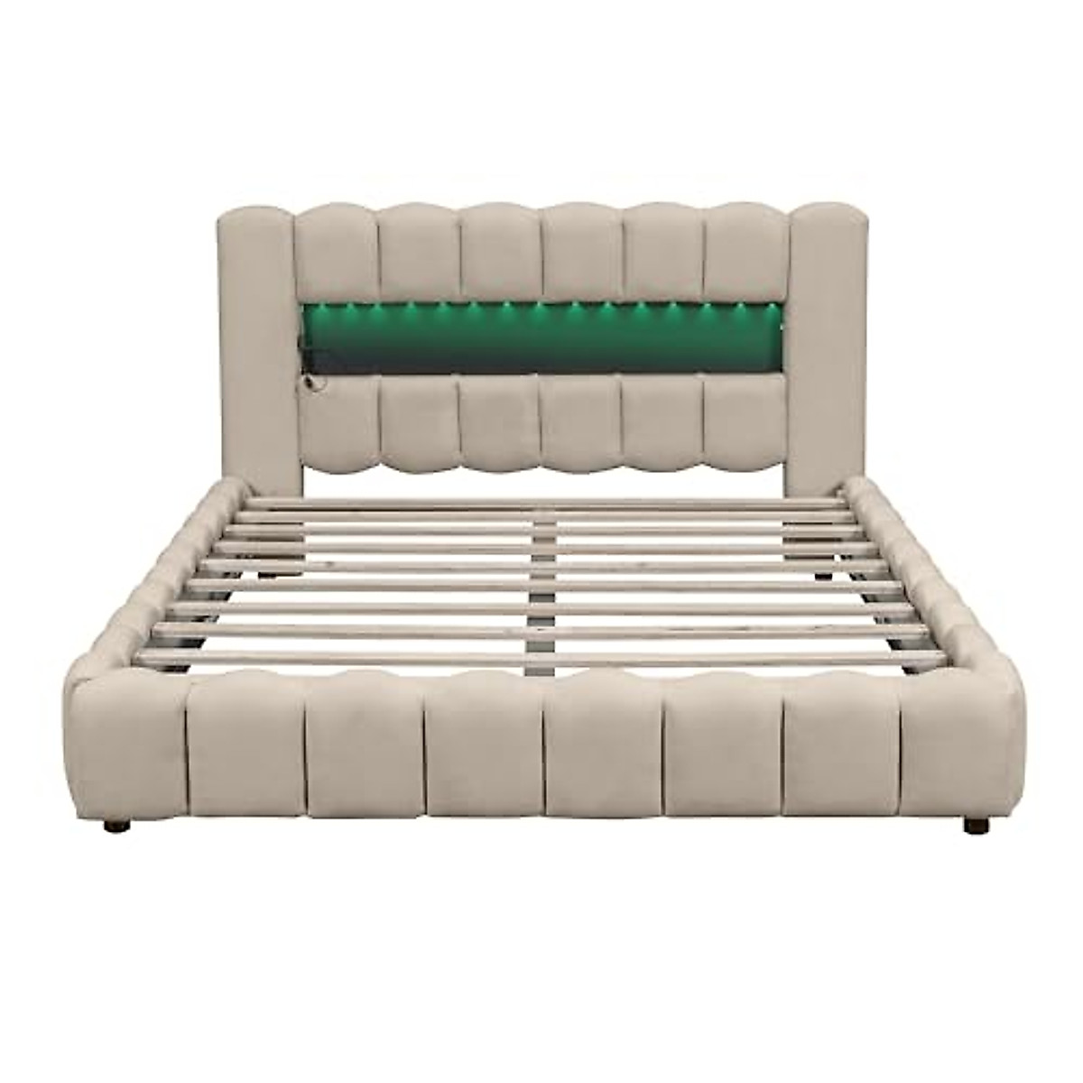 GLORHOME Queen Size Upholstered Platform Bed with LED Headboard and USB Charging Ports, Wooden Bed Frame，Beige