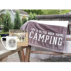 Pavilion Gift Company Life is Better When You're Camping-Gray & White Super Soft 50 x 60 Inch Striped Throw Embroidered Text 50" x 60" Royal Plush Blanket, Grey