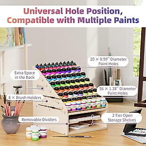 YAGEANNL Wooden Paint Organizer, Paint Rack Organizer with 76 Holes of 2 Sizes and 16 Brush Holders, 2 Cabinets Suitable for Citadel Paints, Craft Paint Storage Organizer for Miniature Paint Set