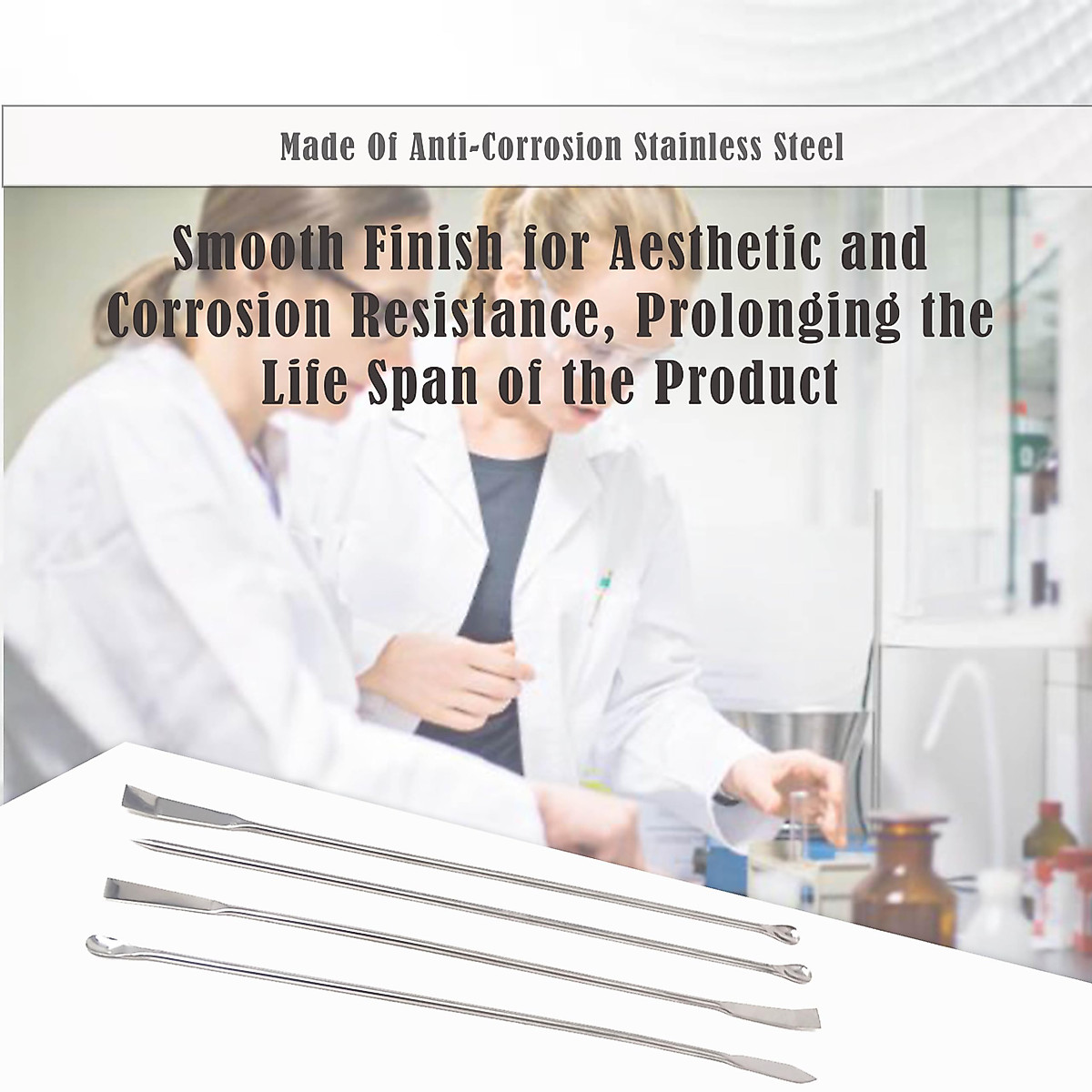 A2Z Scilab 4pc Stainless Steel Lab Spatula Micro Spoon Set, Double Ended Lab Mixing Reagent Spatulas - Long Sampling Spoon Scoop Tool Set Kit Laboratory Supplies for Experiments and Lab Use