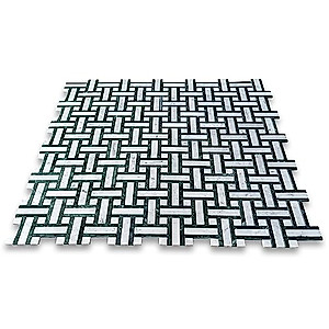 Stone Center Online Carrara White Marble 1 inch Twine Basketweave Mosaic Tile w/Indian Green Honed Kitchen Bath Wall Floor Backsplash Shower (1 Sheet)